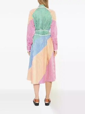Farm Rio Striped Midi Shirt Dress With Embroidery And Scalloped Trim