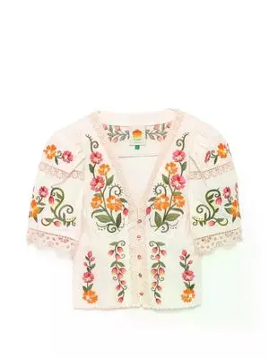 Farm Rio Flower Embroidered Puff-sleeve Blouse - Pink