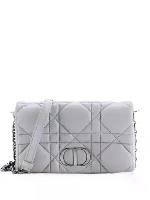 Dior Caro Flap Pouch With Chain Macrocannage Quilt Calfskin Mini Crossbody Bag - Grey
