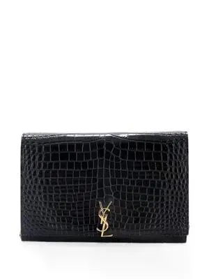 Saint Laurent Classic Monogram Flap Chain Wallet Crocodile Embossed Leather Clutch Bag - Black