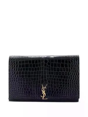 Saint Laurent Monogram Flap Chain Wallet In Crocodile Embossed Leather - Black