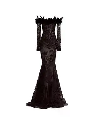 GEMY MAALOUF Floral-lace Feathered Dress - Black