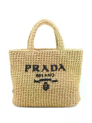 Prada 2013-2026 Small Raffia Effect Crochet Embroidered Logo Tote Bag - Neutrals