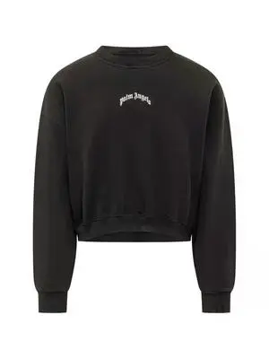 Palm Angels Curved-logo Cropped Crewneck Sweatshirt - Black