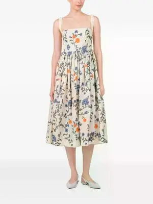 Agua Bendita Ivory Linen Floral Midi Dress