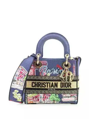 Dior Lady D-lite Bag Embroidered Raffia Medium Satchel - Blue