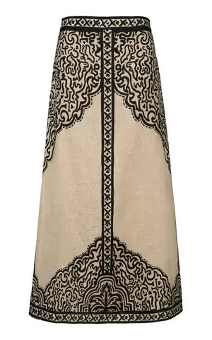 Johanna Ortiz Loose Horizon Embroidered Linen Maxi Skirt