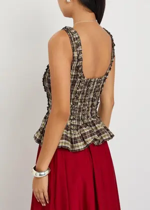 DAMSON MADDER Raphi Checked Shirred Cotton-poplin Cami Top