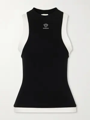 Versace Logo-embroidered Cotton-blend Jersey Tank - Black
