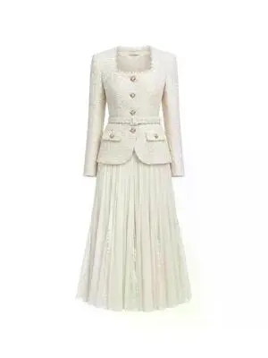 SELF-PORTRAIT Cream Tailored Boucle And Chiffon Midi Dress - Neutrals