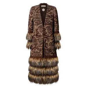 THE EXTREME COLLECTION Long Patterned Jacquard Coat With Faux Fur Trim