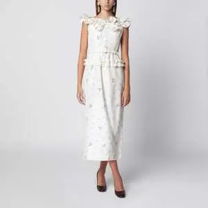 Alessandra Rich Silk Midi Dress With Floral Print - White