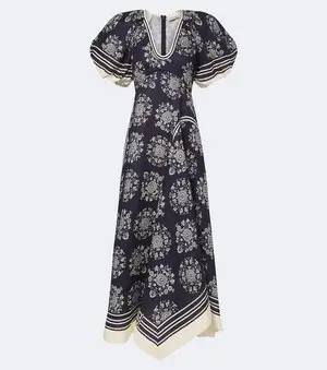 ALEMAIS Banderra Floral Linen Midi Dress - Blue