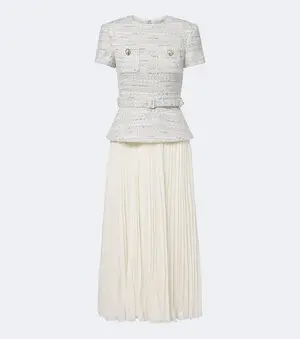 SELF-PORTRAIT Belted Boucle And Chiffon Midi Dress - Multicoloured