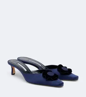 Manolo Blahnik Caulon Floral-applique Silk Satin Mules - Blue