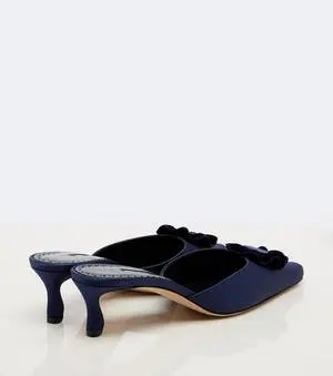 Manolo Blahnik Floral Appliqué Silk Satin Mules - Blue