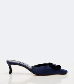 Manolo Blahnik Floral Appliqué Silk Satin Mules - Blue