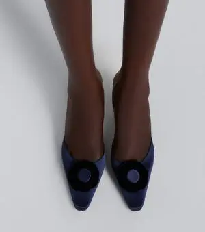 Manolo Blahnik Floral Appliqué Silk Satin Mules - Blue