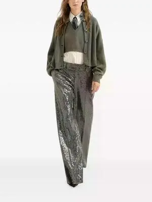 Brunello Cucinelli Dazzling Texture Embroidery Loose Flared Trousers In Virgin Wool Flannel - Grey