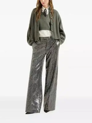Brunello Cucinelli Virgin Wool Flannel Loose Flared Trousers With Dazzling Texture Embroidery