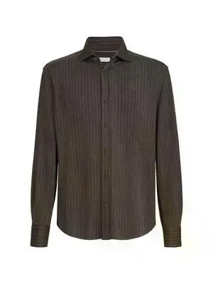 Brunello Cucinelli Virgin Wool, Silk And Cotton Chalk Stripe Piqué Shirt With Spead Collar - Brown