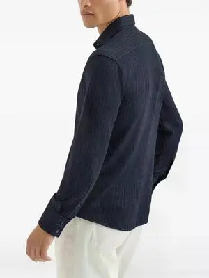 Brunello Cucinelli Virgin Wool, Silk And Cotton Chalk Stripe Piqué Shirt With Spead Collar
