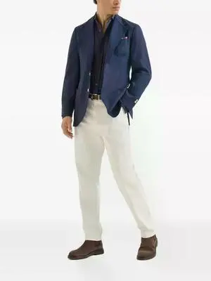 Brunello Cucinelli Virgin Wool, Silk And Cotton Chalk Stripe Piqué Shirt With Spead Collar - Blue