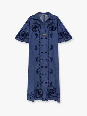 Zimmermann Aster Long Denim Dress With Contrasting Embroidery - Blue