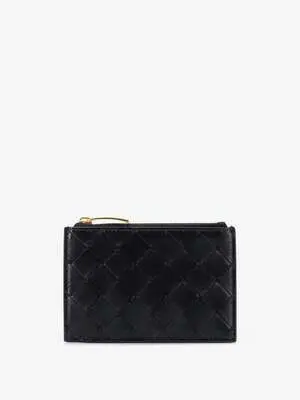 Bottega Veneta Leather Card Holder With Intrecciato Motif - Black