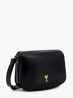 AMI Paris Leather Shoulder Bag With Metal Logo On The Front