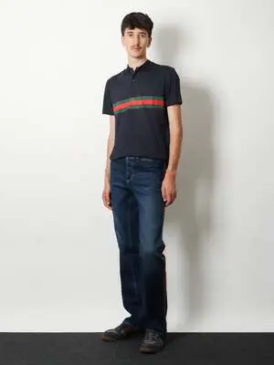 Gucci Cotton Polo Shirt With Web Print On The Front - Blue