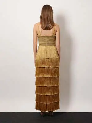 PatBO Long Dress With Embroidered Bodice And Tiered Fringe Skirt