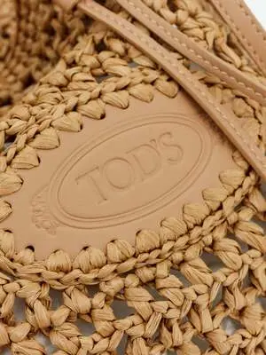 TOD'S Raffia Bucket Bag With Crochet Motif - Brown