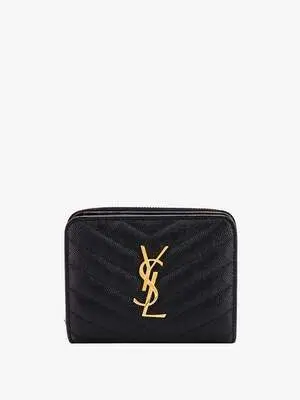 Saint Laurent Quilted Leather Wallet With Metal Cassandre Logo - Black