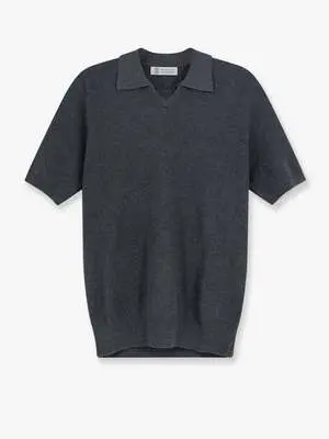 Brunello Cucinelli Cotton Polo Shirt With Ribbed Knit - Grey