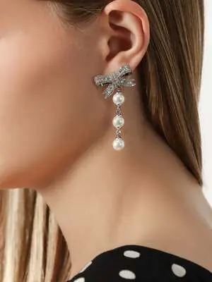 SELF-PORTRAIT Crystal Bow Pearl Droplet Earrings