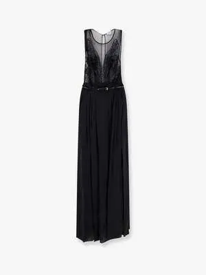 Elisabetta Franchi Red Carpet Embroidered Long Dress With Belt - Black