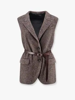 Brunello Cucinelli Sleeveless Blazer With Belt - Brown