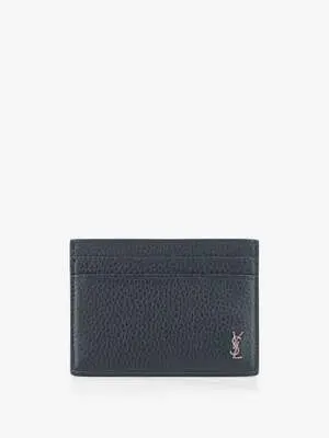 Saint Laurent Tiny Cassandre Textured Leather Card Holder - Black