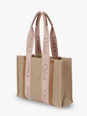 Chloé Woody Linen Shoulder Bag With Embroidered Logo