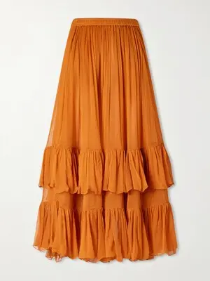 Saint Laurent Ruffled Silk-muslin Maxi Skirt - Orange