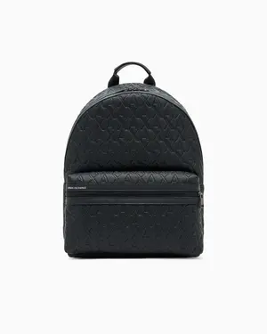 Armani Exchange Backpack With Embossed Pattern And Front Zip Pocket - Black