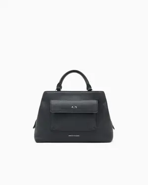 Armani Exchange Textured Handbag With Structured Top Handle And Flap Pocket - Black