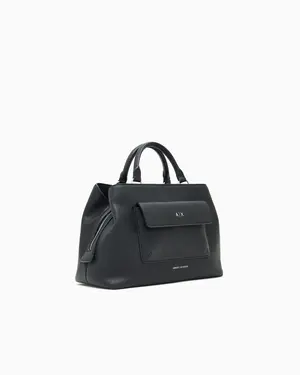 Armani Exchange Textured Handbag With Structured Top Handle And Flap Pocket - Black