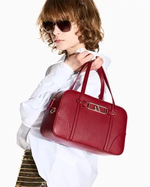 Armani Exchange Structured Top Handle Bag With Gold Tone Buckle Detail - Red