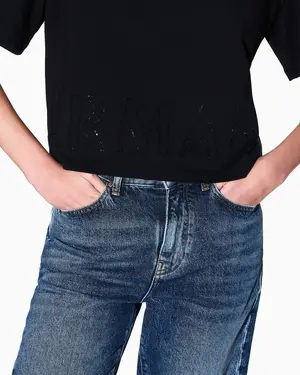 Armani Exchange Cropped Basic T-shirt In Cotton Jersey - Black