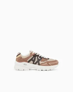 Armani Exchange Sneakers In Mesh And Nylon With Rubber Sole - Brown