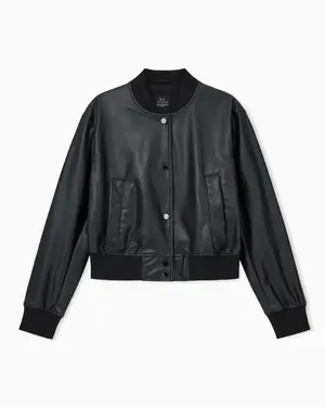 Armani Exchange Faux Leather Bomber Jacket With Ribbed Trims Essential - Black