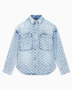 Armani Exchange Regular Fit Shirt In Rigid Denim With Allover Print - Blue