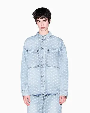 Armani Exchange Regular Fit Shirt In Rigid Denim With Allover Print